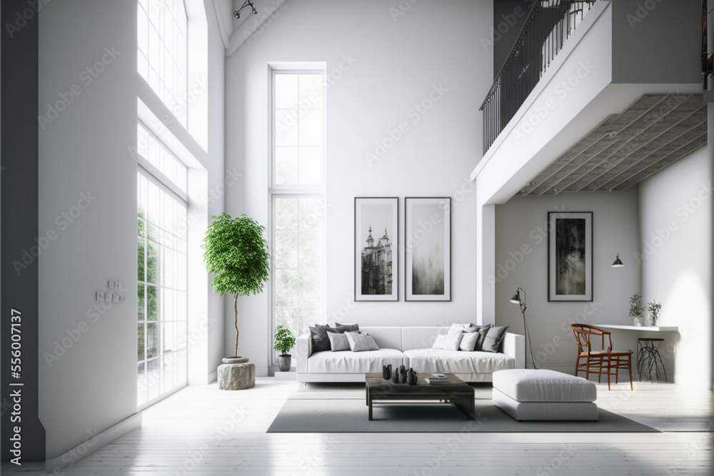 Modern and traditional two story house interior with white walls, green ...