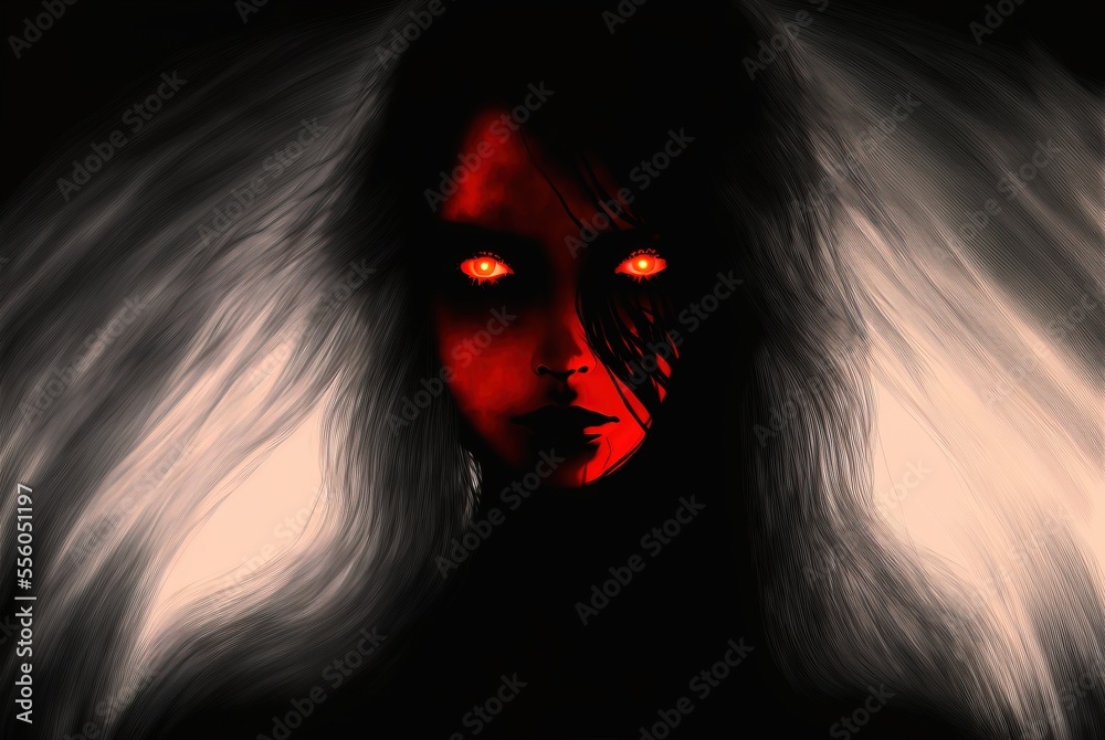 Scary evil spirit with glowing red eyes haunts the foggy woods at ...
