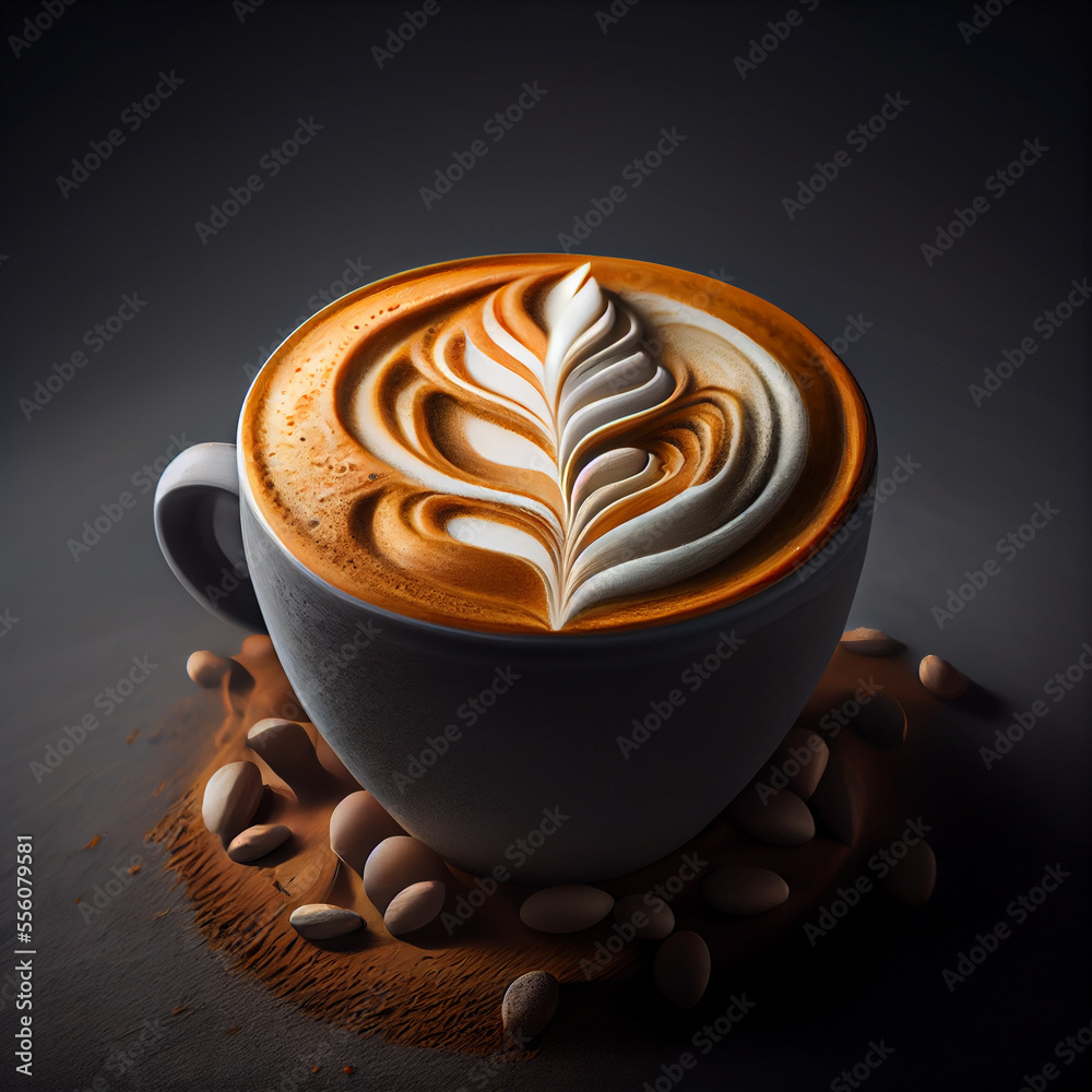 Nice Texture of Latte art on hot latte coffee . Milk foam in heart shape leaf tree on top of ...