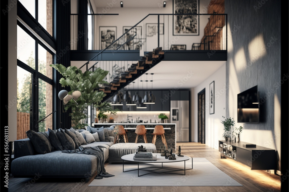 View inside large modern luxury attic loft apartment living room ...