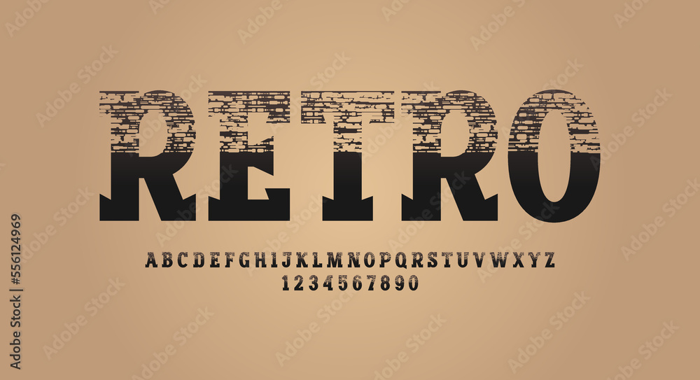 Texture font, slab serif alphabet, uppercase letters and numbers made ...