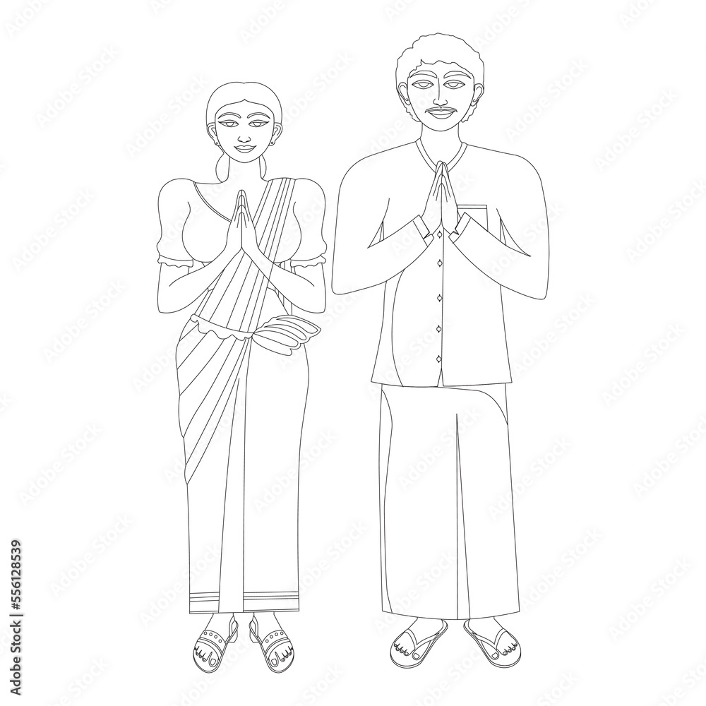Sinhala and Tami Aurudu, line drawing art, vector illustration Stock ...