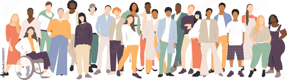 Different people stand side by side together. Transparent background ...