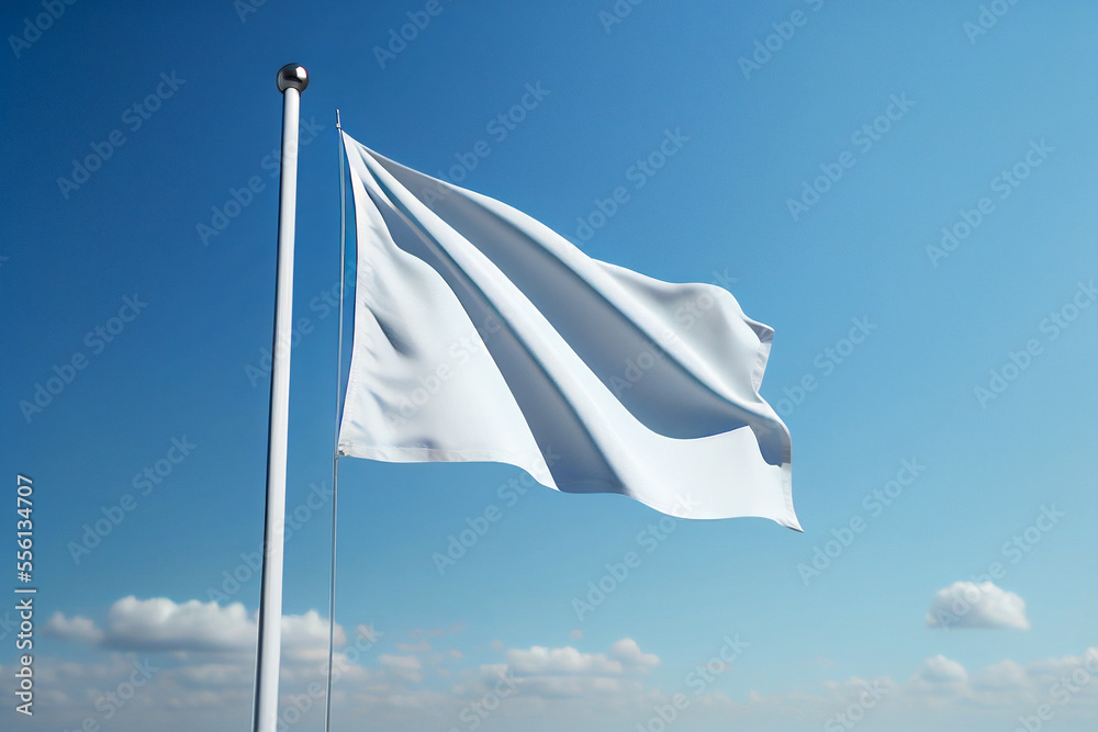 Mockup of empty clear blank white flag waving against clean blue sky ...