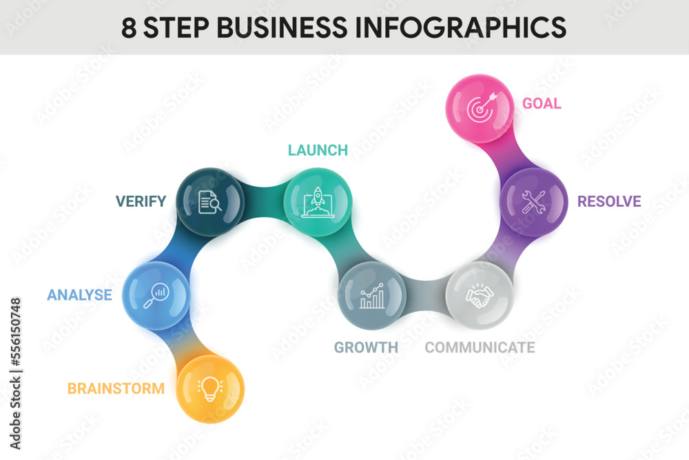 Loop shaped colorful circle diagram infographics. 8 Step business ...