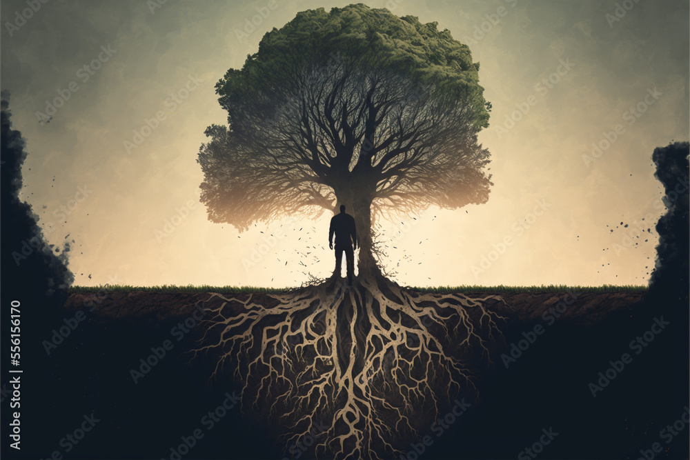 person standing in front of a tree with deep roots, representing the ...