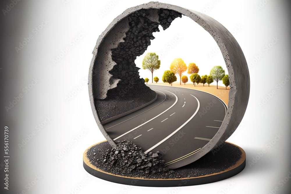 Realistic cement circular cutaway with tar road isolated on white ...