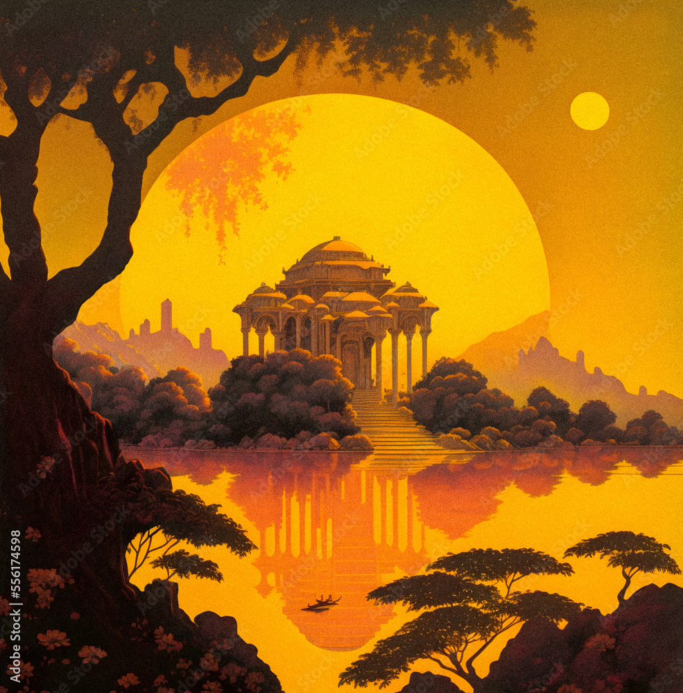 Temples landscape, new age album cover, 1970s, granular texture Stock ...