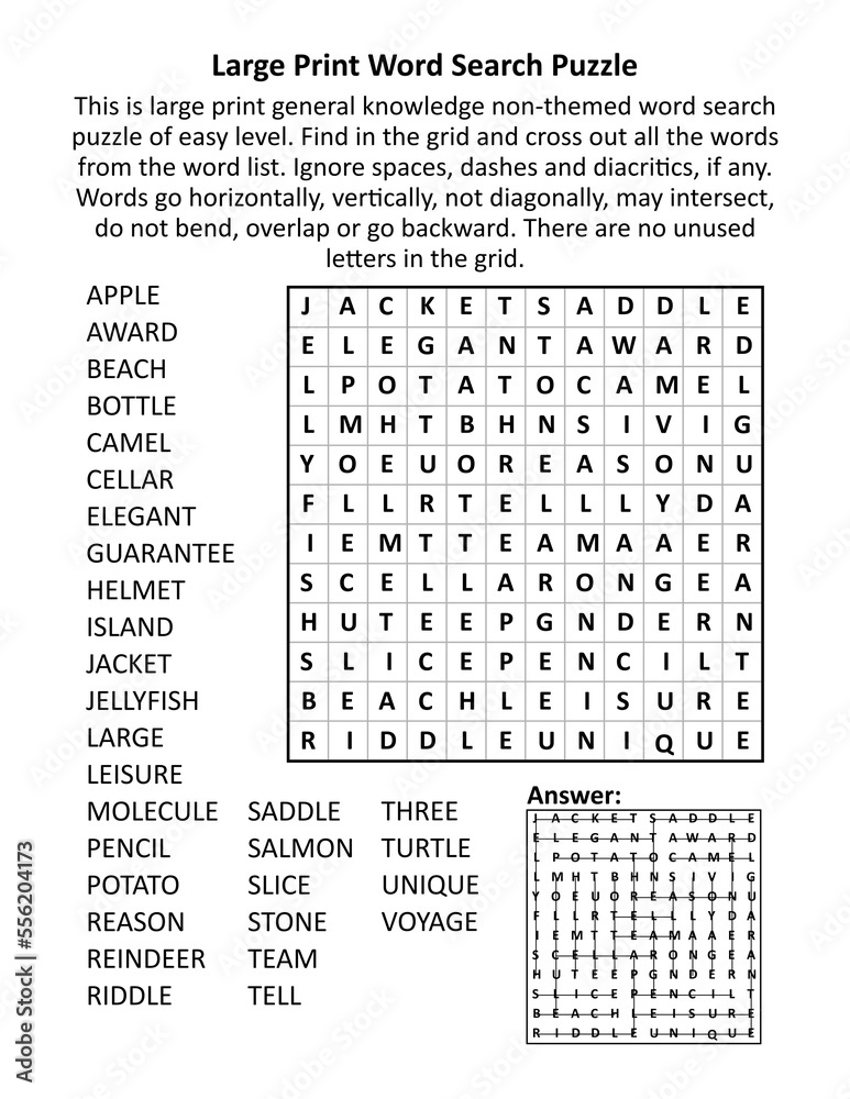 Large print general knowledge word search puzzle (words APPLE - VOYAGE ...