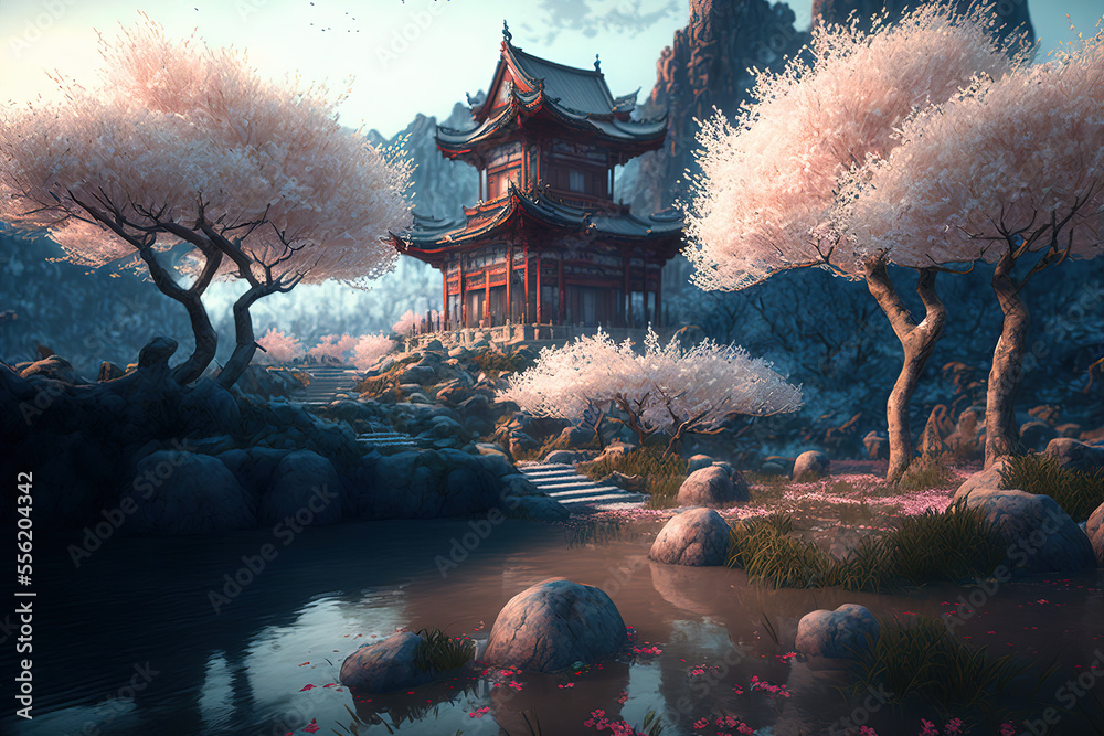 Fantasy background with mysterious ancient Chinese temple in mountains ...