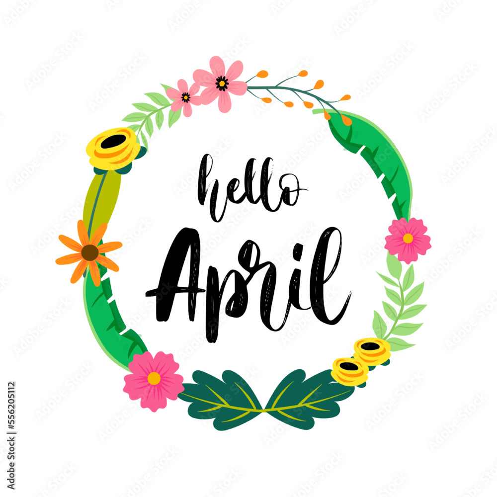 Hello april text with tropical leaves and flowers. Suitable for banner ...