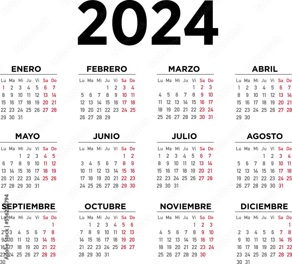Vector de Stock Calendario 2024 español. Semana comienza el lunes ... Vector de Stock Calendario 2024 español. Semana comienza el lunes ...