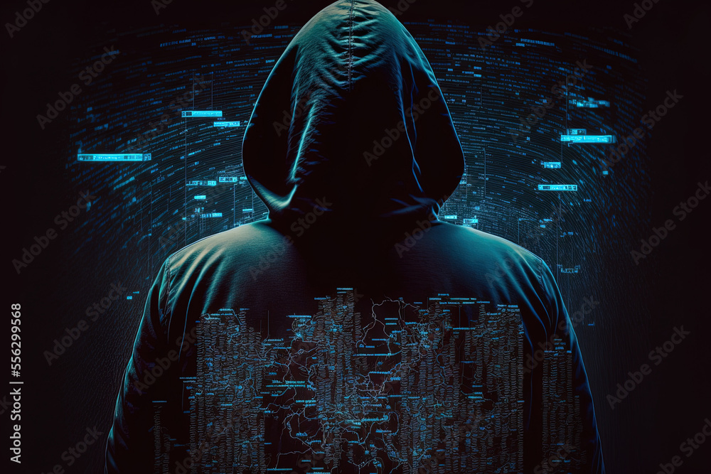 Back-hooded hacker attacking corporate data center with harmful software from a dark ...