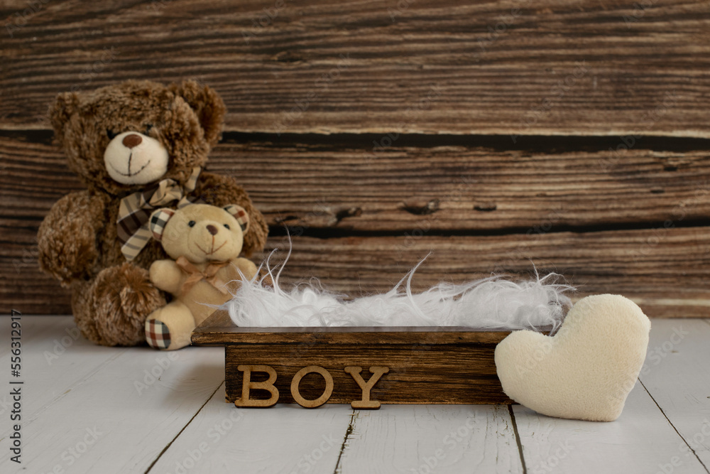 Newborn digital backdrop with two teddy bear, heart, word boy and ...
