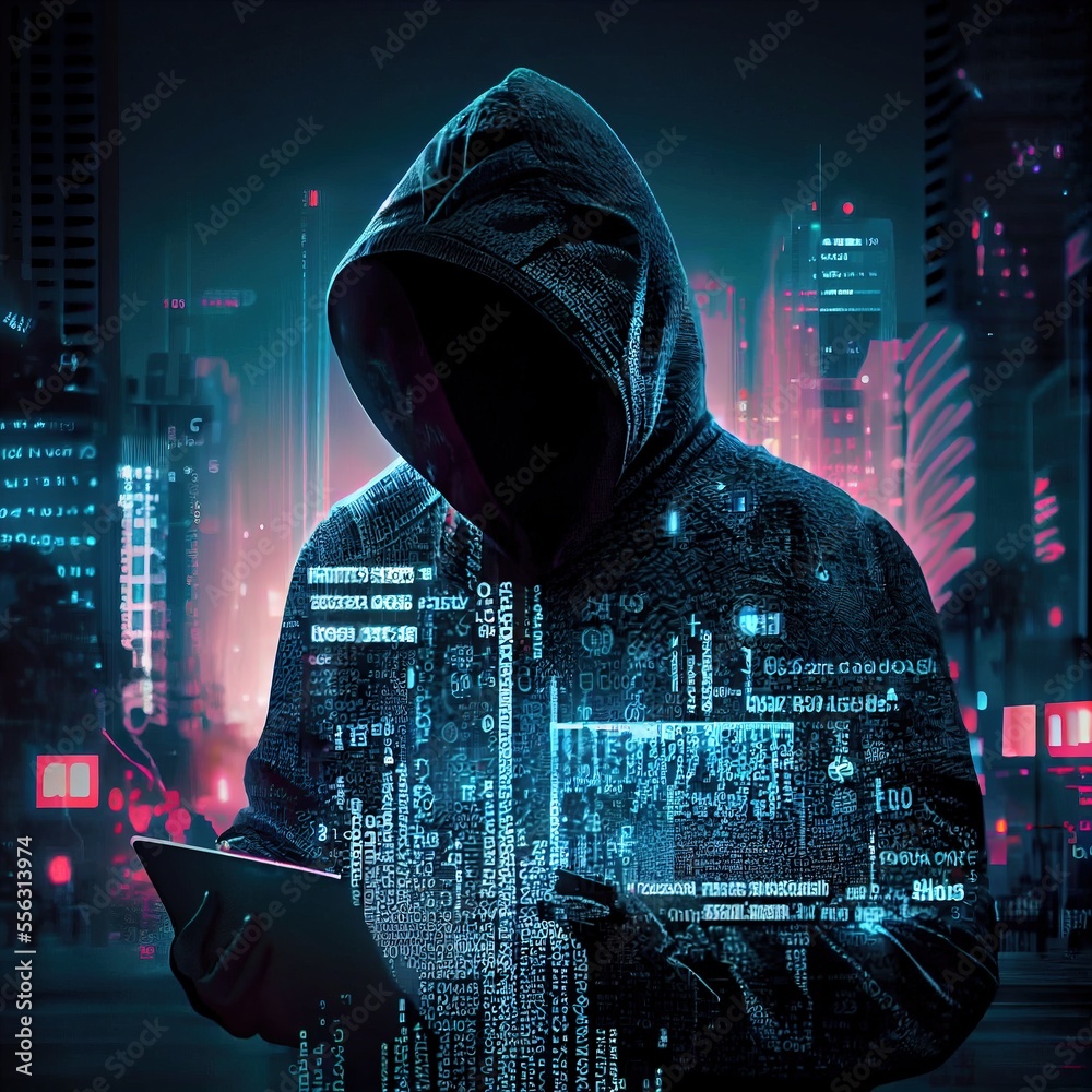 Portrait of a sci-fi cyberpunk hacker. High-tech futuristic man from ...