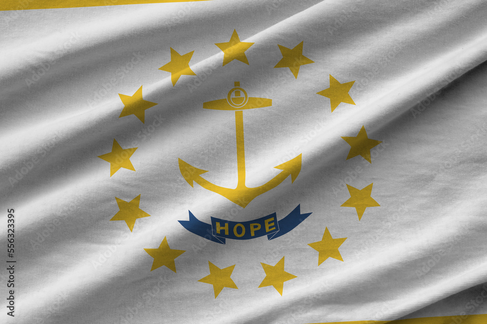Rhode Island US state flag with big folds waving close up under the ...