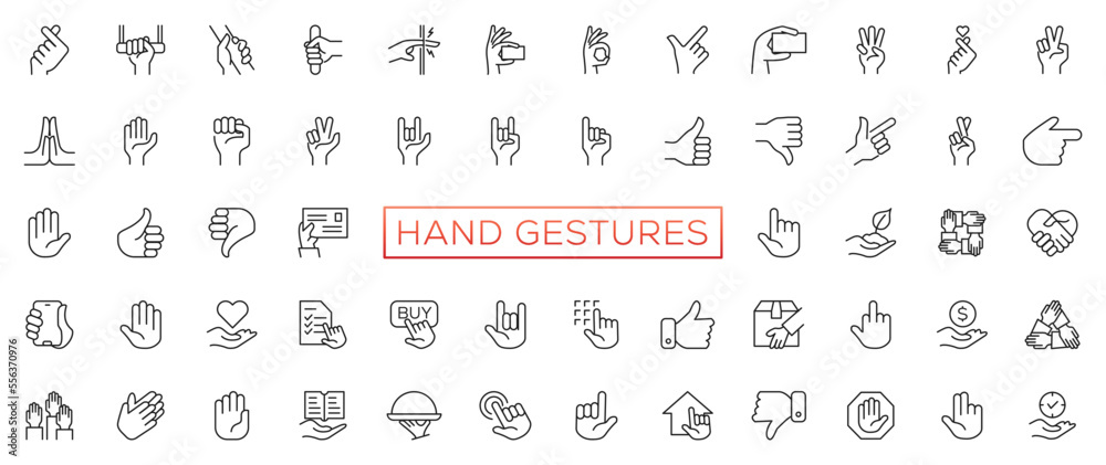 Hand gestures line icon set. Included icons as fingers interaction, pinky swear, forefinger ...