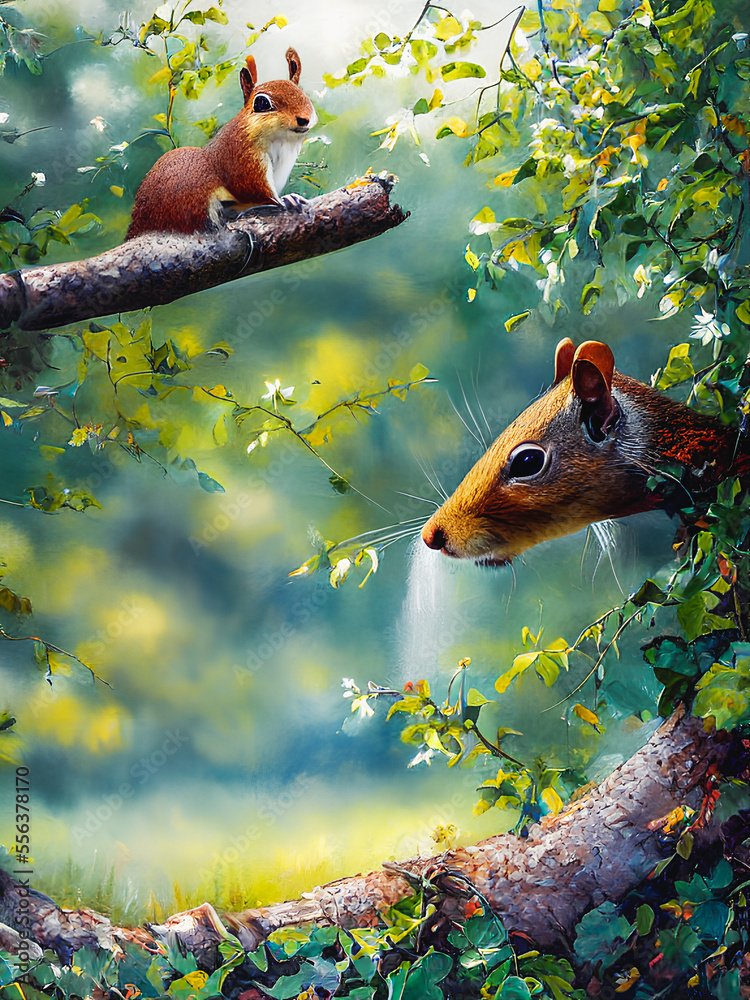 Squirrel in a lush, green forest setting. The small, agile animal is ...