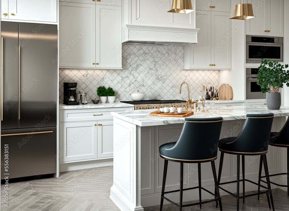 Luxury kitchen interior with new stylish furniture, white marble ...