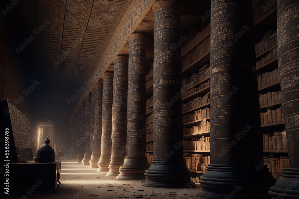 generative AI : inside of the ancient library at Alexandria. Huge racks ...