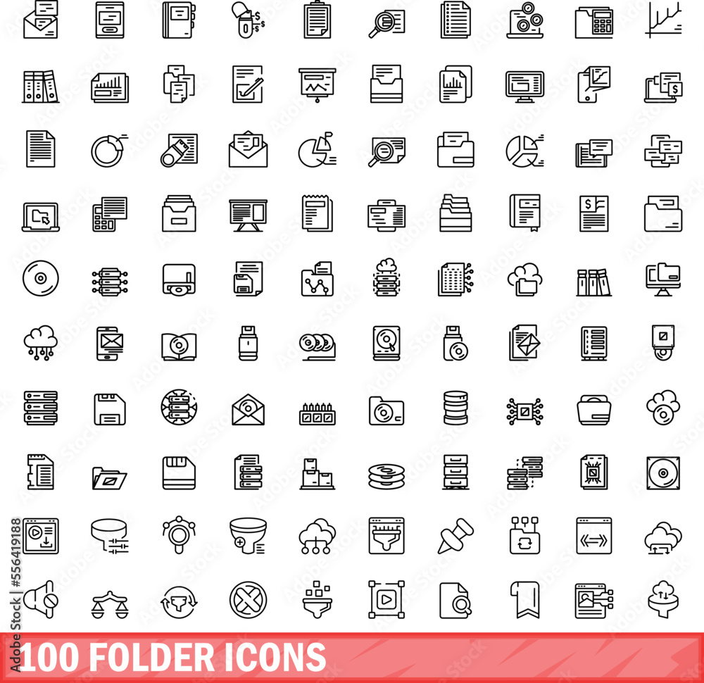 100 folder icons set. Outline illustration of 100 folder icons vector ...
