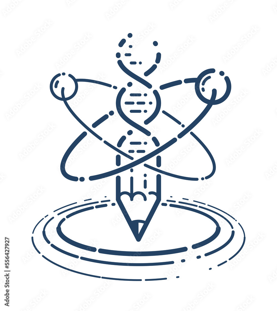 Pencil with atom and DNA strand vector simple linear icon, education ...