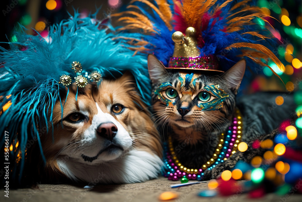Pawsome Pals: Friends Furry Dog and Cat Rock Colorful Carnival Attire ...