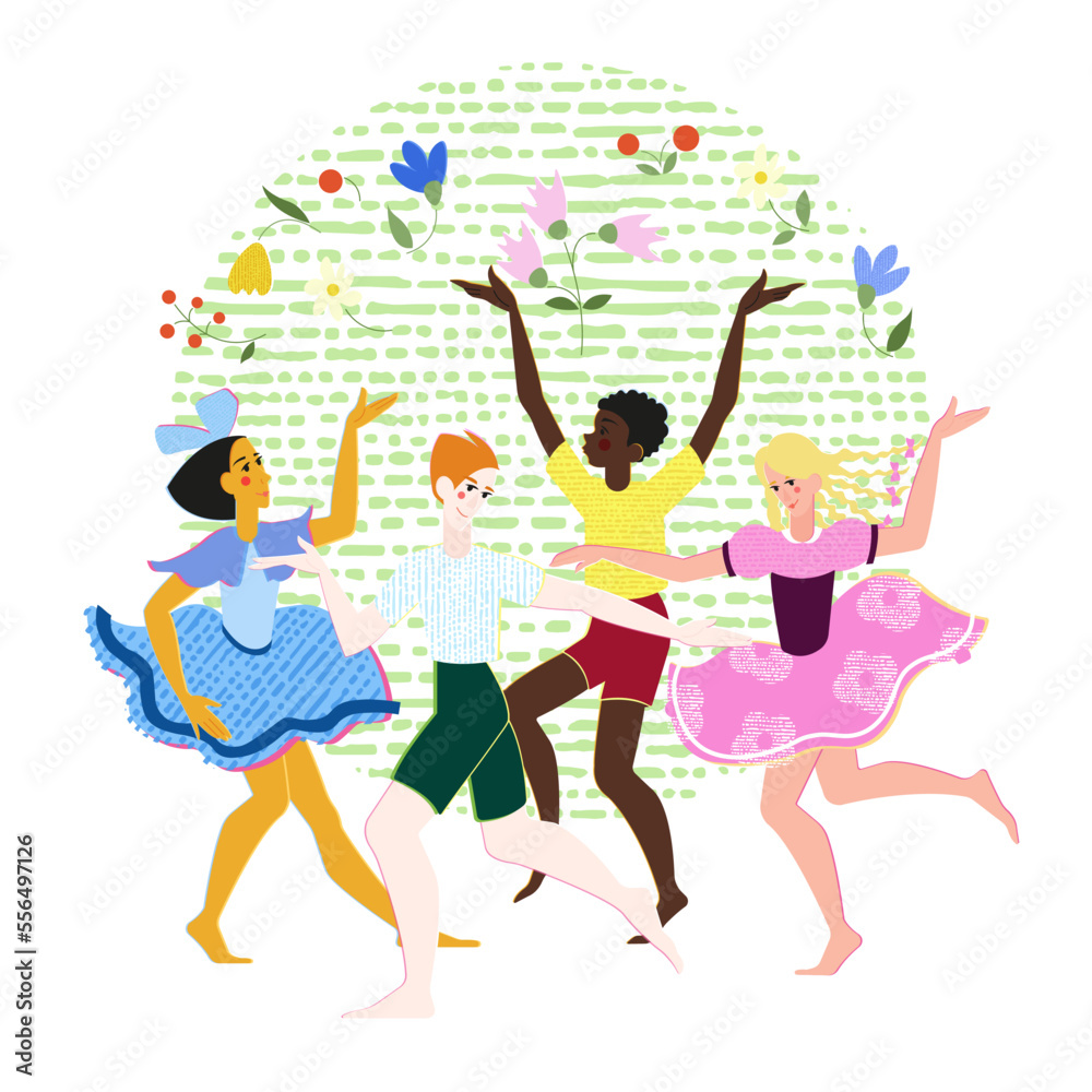 Vector illustration, children of different nationalities dance together ...