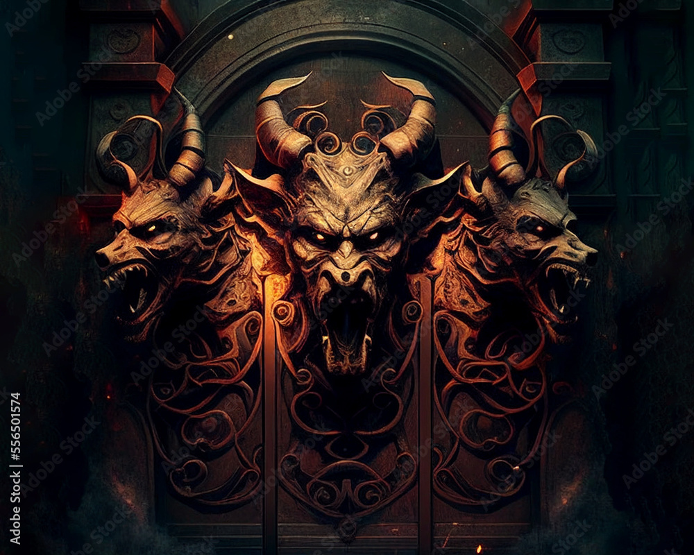 door in hell with evil faces Stock Illustration | Adobe Stock