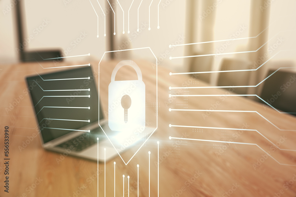 Creative light lock illustration with microcircuit on modern computer ...