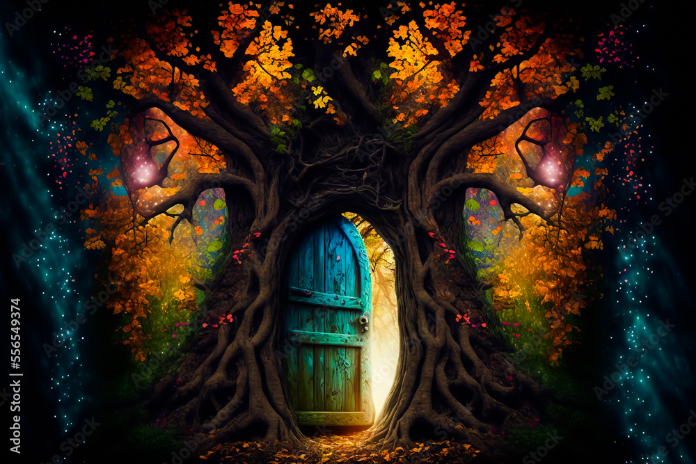 Enchanted fairy tale tree with magical secret wooden door. Magic ...