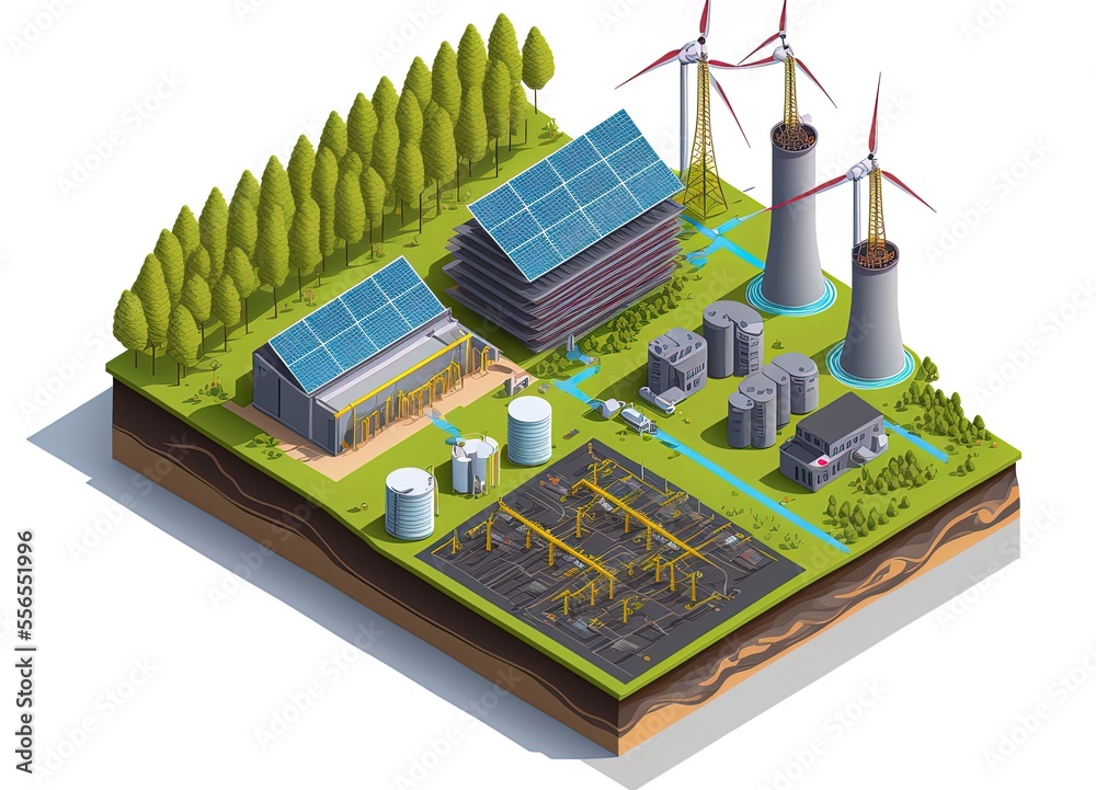 Ilustração Isometric view of a power grid, including both hydroelectric ...