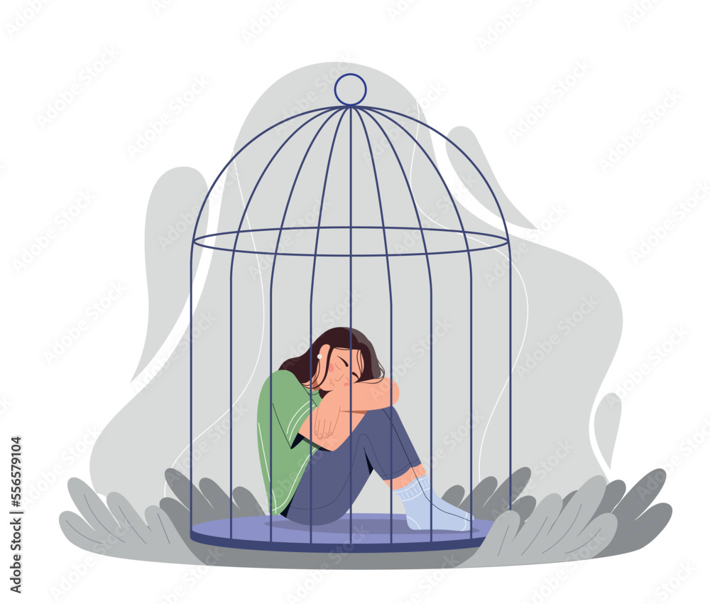 Стоковое векторное изображение «Woman leaving birdcage. Sad young girl ...