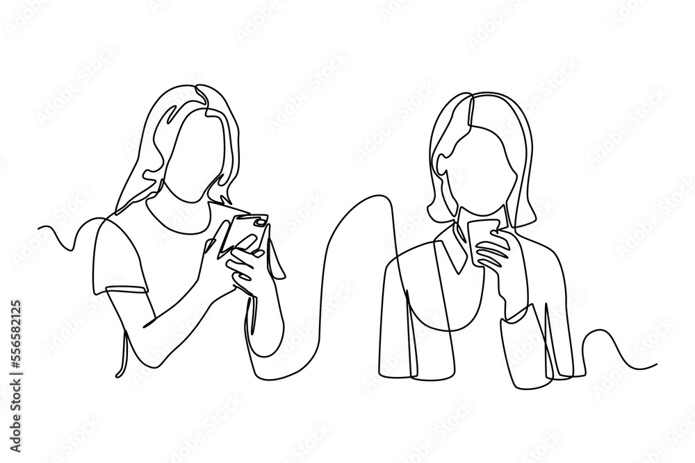 Continuous one line drawing business woman texting each other to her ...