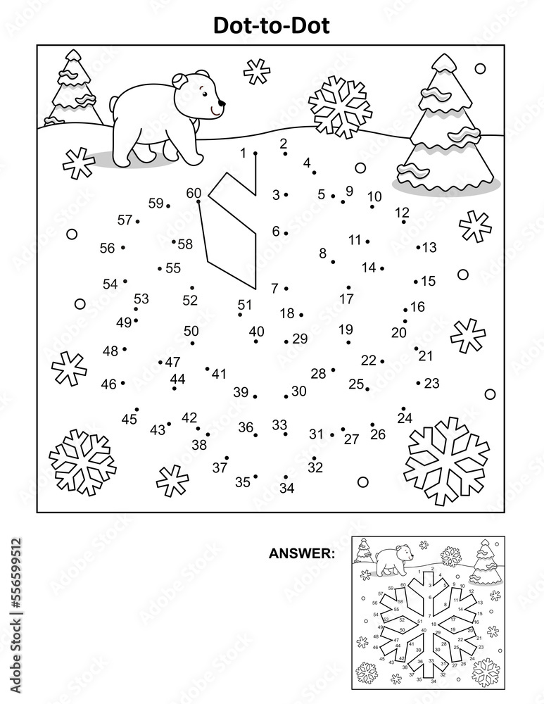 Snowflake dot-to-dot picture puzzle and coloring page. Answer included ...