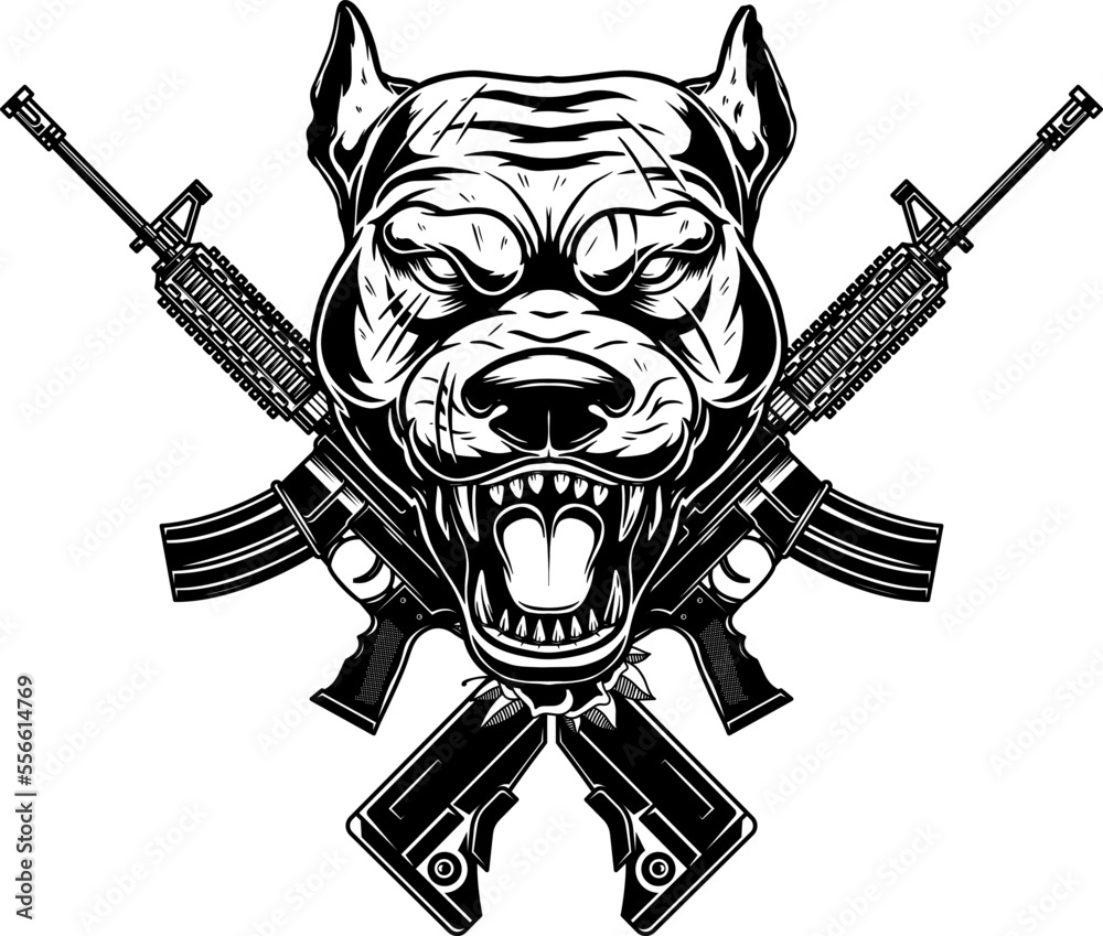 Angry dog head with crossed assault rifles. Design element for poster ...