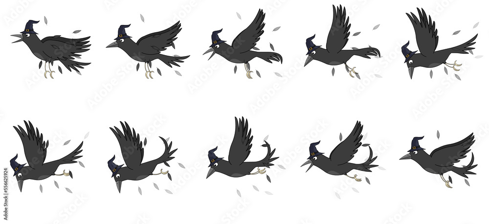 Stock-Illustration „Crow attacking 2d animation sheets.crow with wizards hat.2D cartoon sprite ...