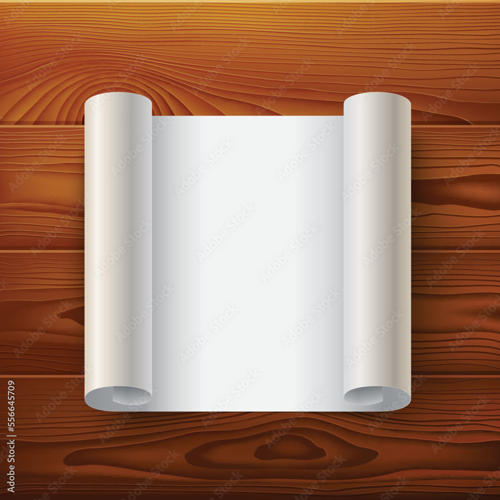 Vintage paper scroll template with realistic shadow on brown wood ...