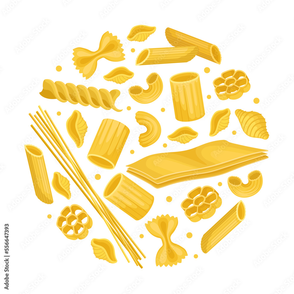Vector de Stock Italian pasta banner. Dry macaroni of various shapes ...