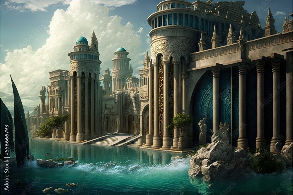 The lost city of Atlantis, ancient city, beautiful architecture of a fantasy world with perfect ...