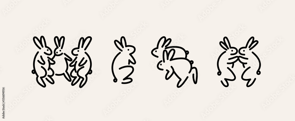 Vetor Various doodle Bunnies. Dancing, standing, fighting, running ...