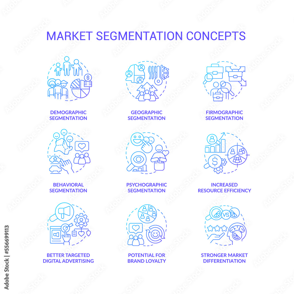 Market Segmentation Blue Gradient Concept Icons Set Divide In Groups Target Audience Idea Thin
