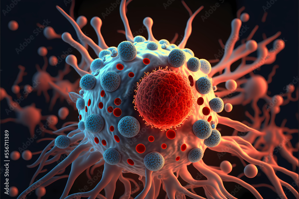 blood cells attacking a cancer cell, the cancer cell as an abnormal ...