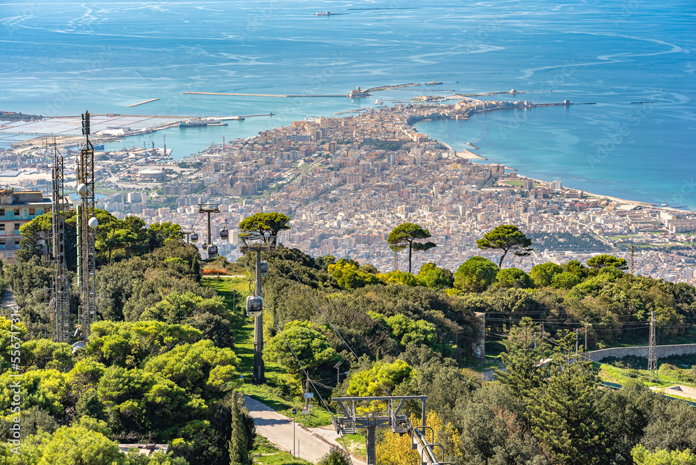 Top view from the Mount Erice to the city of Trapani, the seaport in ...