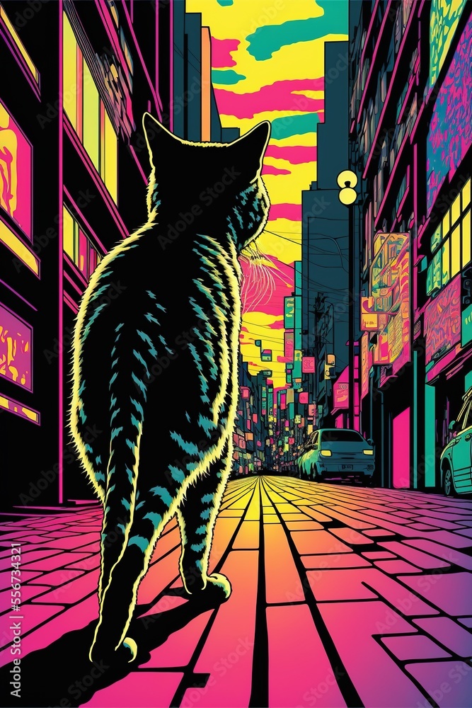 Op-art cat wondering the streets of a city, illustration made with ...