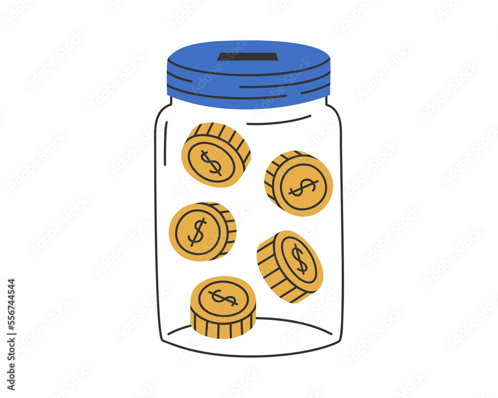 Hand drawn cute illustration of jar of coins. Flat vector donation bank ...