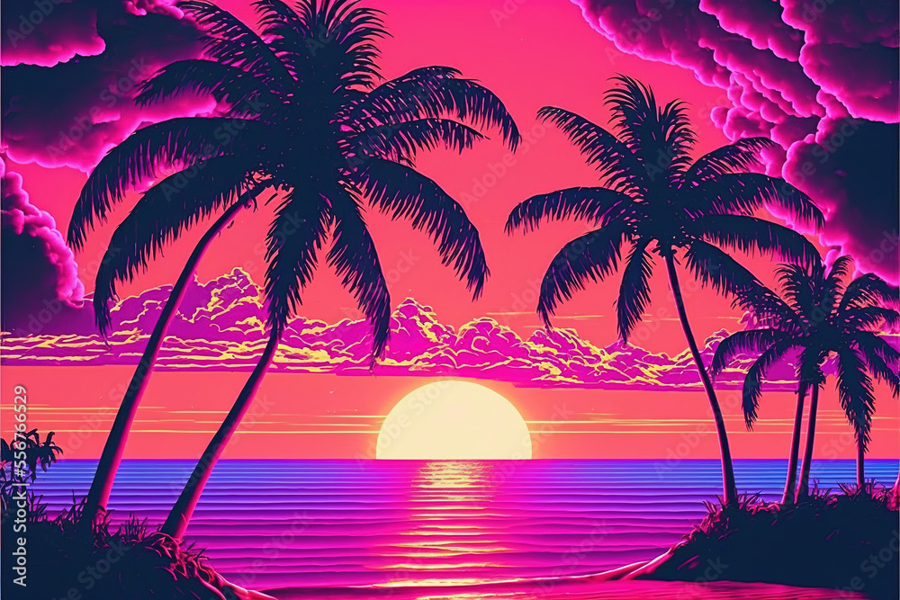 Vaporwave synthwave beach landscape with palm trees illustration, Stock ...