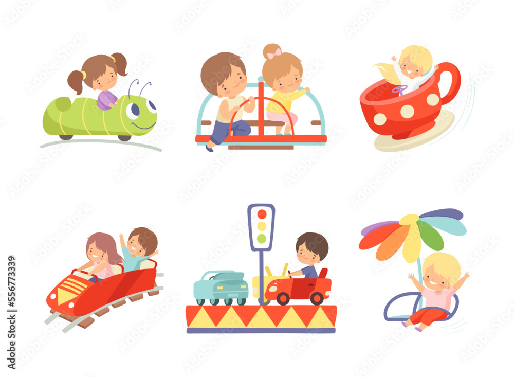 Cute kids riding carousels, roller coaster, train in amusement park set ...