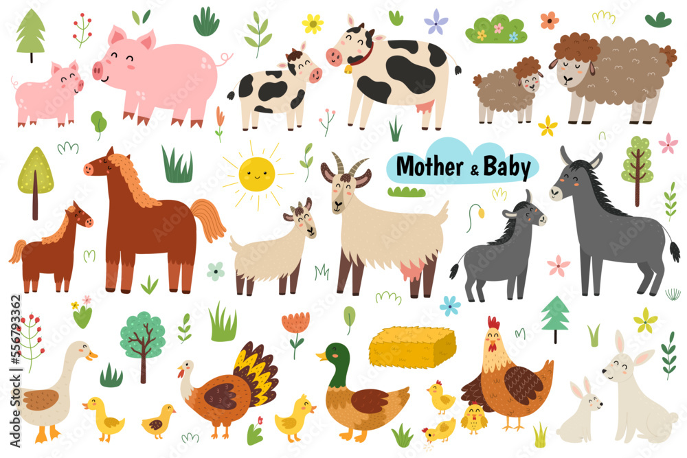 Cute mother and baby farm animals set. Big collection with sheep, pig ...