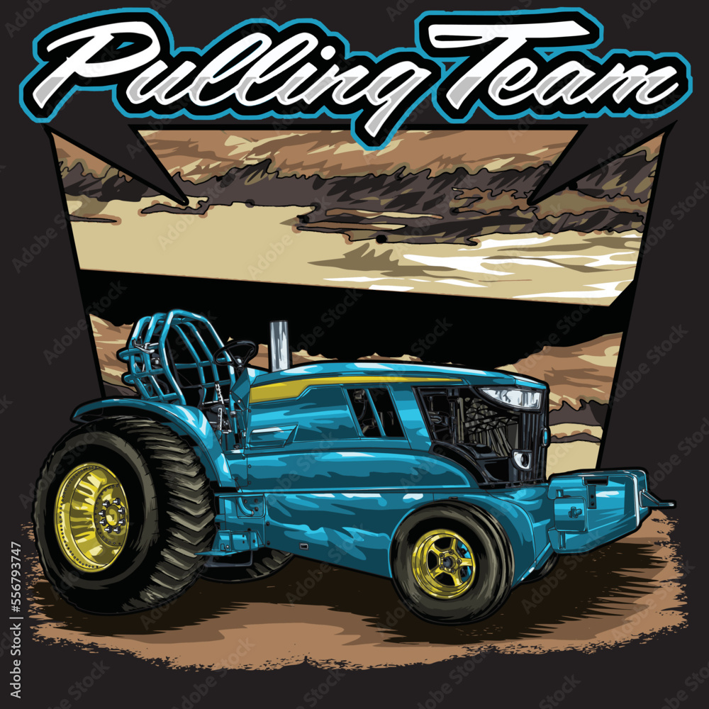 pulling tractor isolated on black background for poster, t-shirt print ...